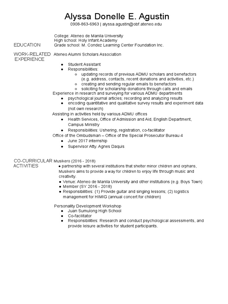 Alyssa Donelle E. Agustin: Education Work-Related Experience | PDF ...