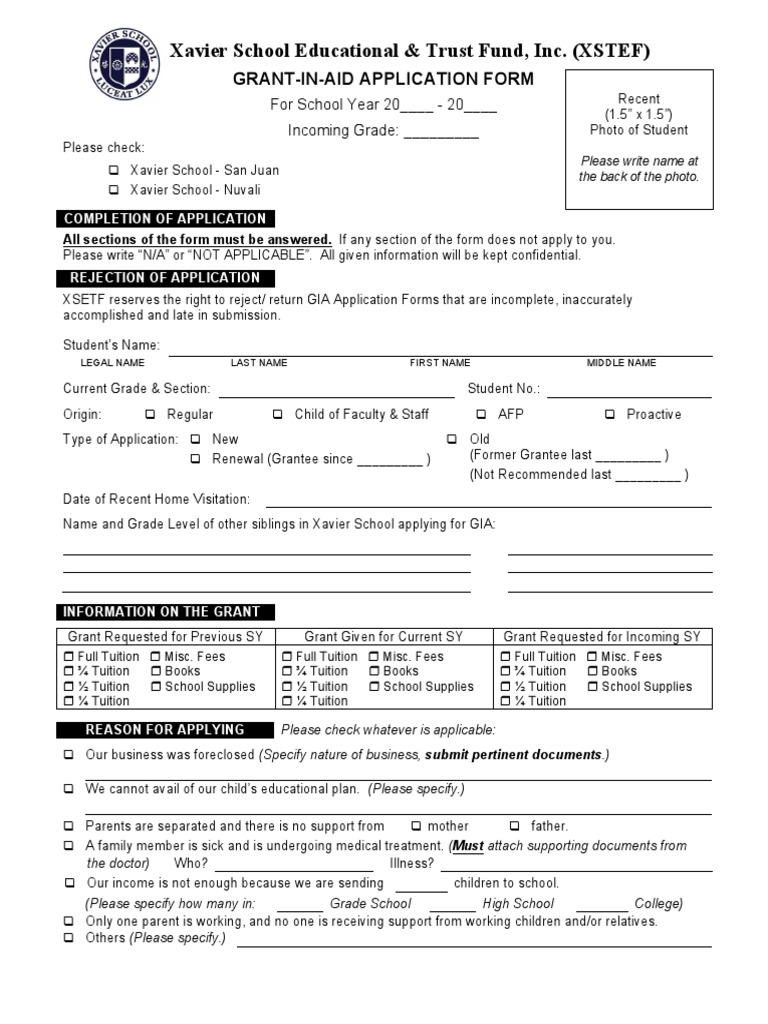 GIA Application Form for Xavier School | PDF | Fee | Tuition Payments