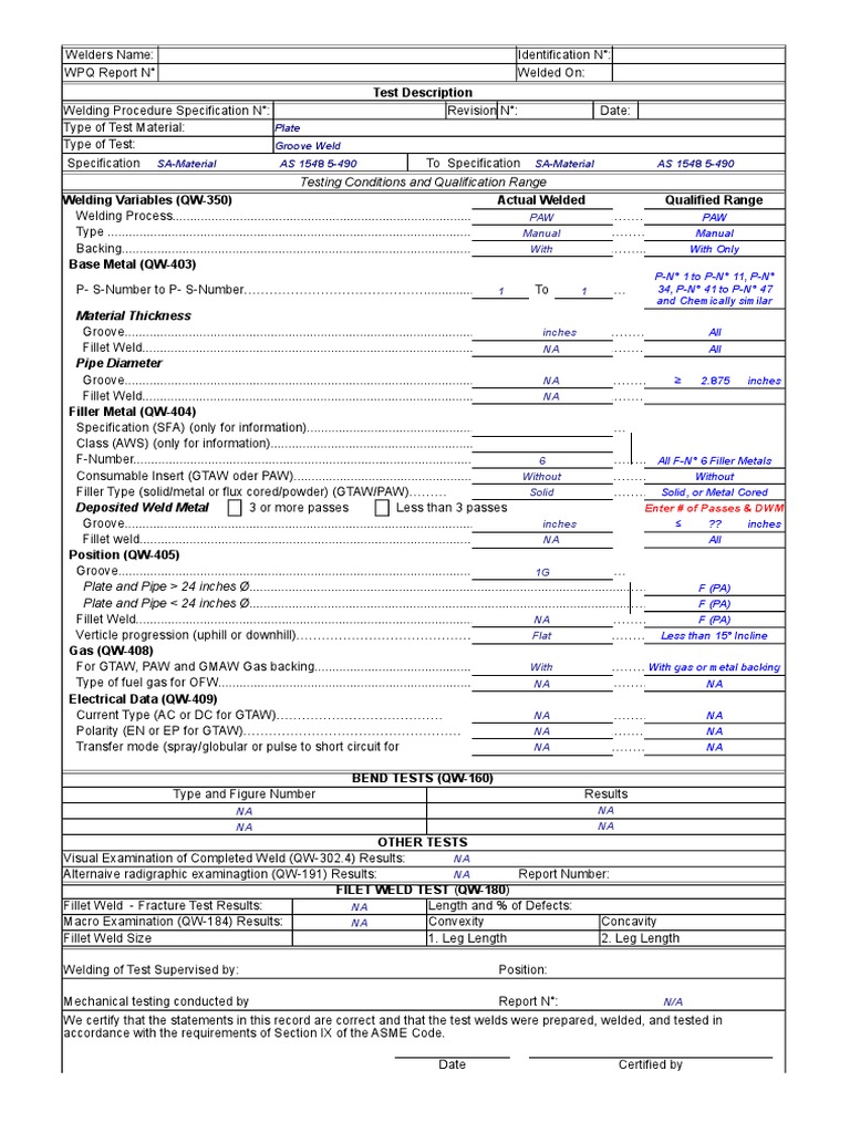 WPQ Form English US1 | PDF | Welding | Construction
