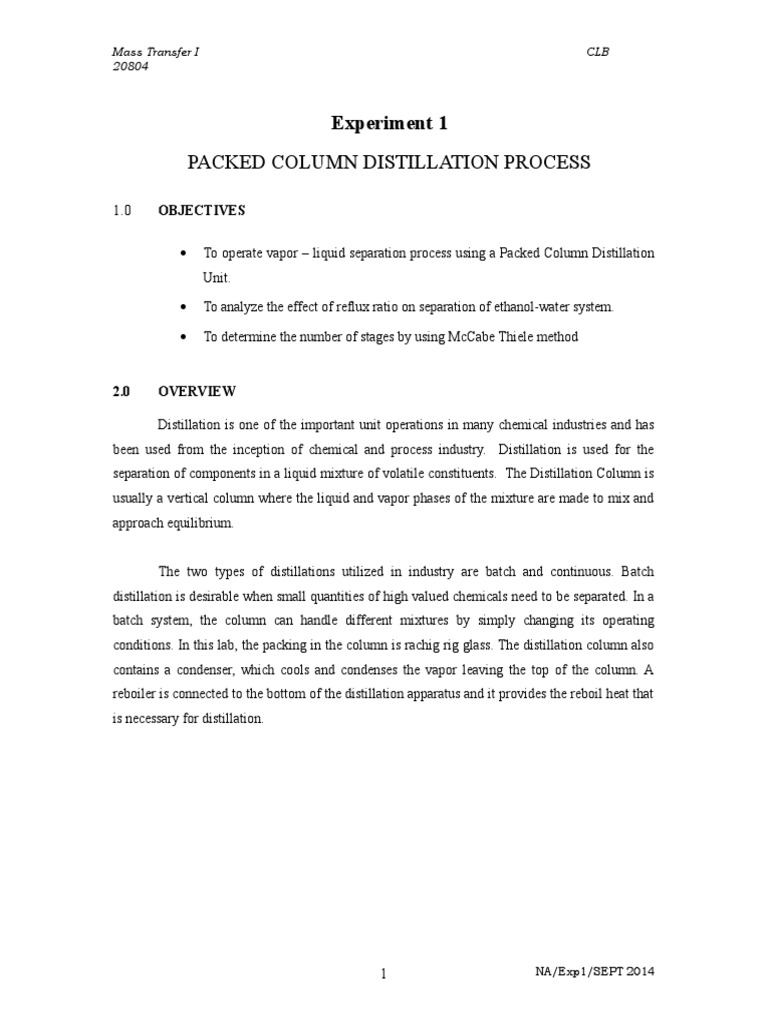 Packed Column Distillation Experiment | PDF | Distillation | Laboratory ...