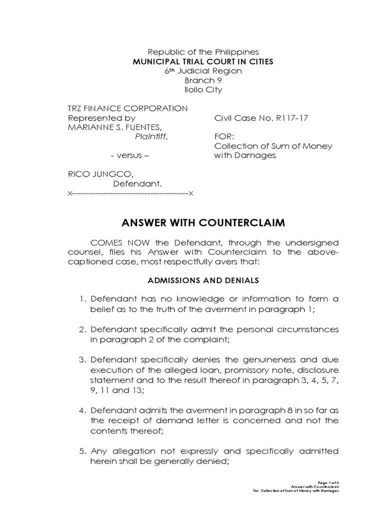Answer with Counterclaim in Response to a Complaint for Collection of ...