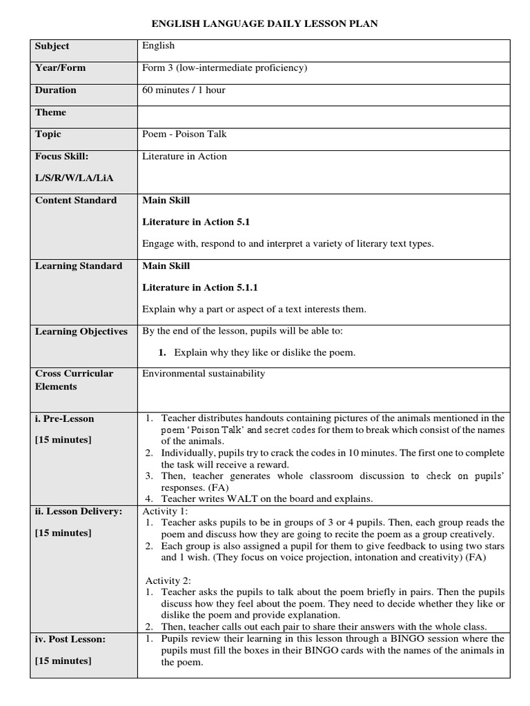 Literature in Action Sample Lesson Plan f3 Cefr | PDF | Lesson Plan ...
