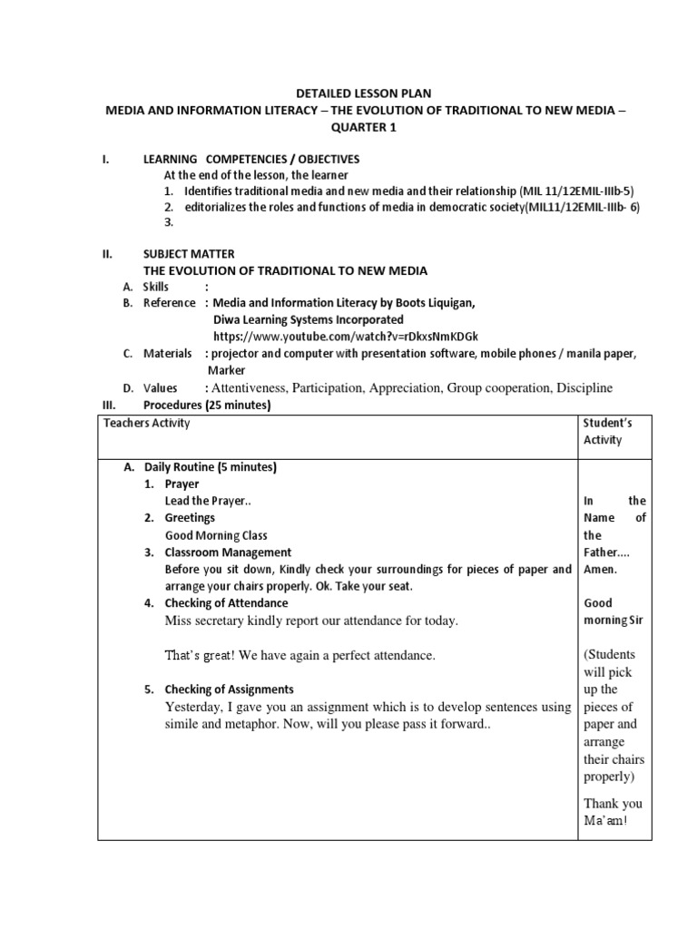 MIL Detailed Lesson Plan Mil | New Media | Mass Media