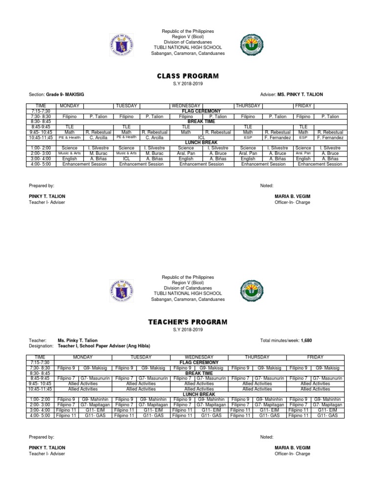 Class Program: Flag Ceremony Break Time | PDF