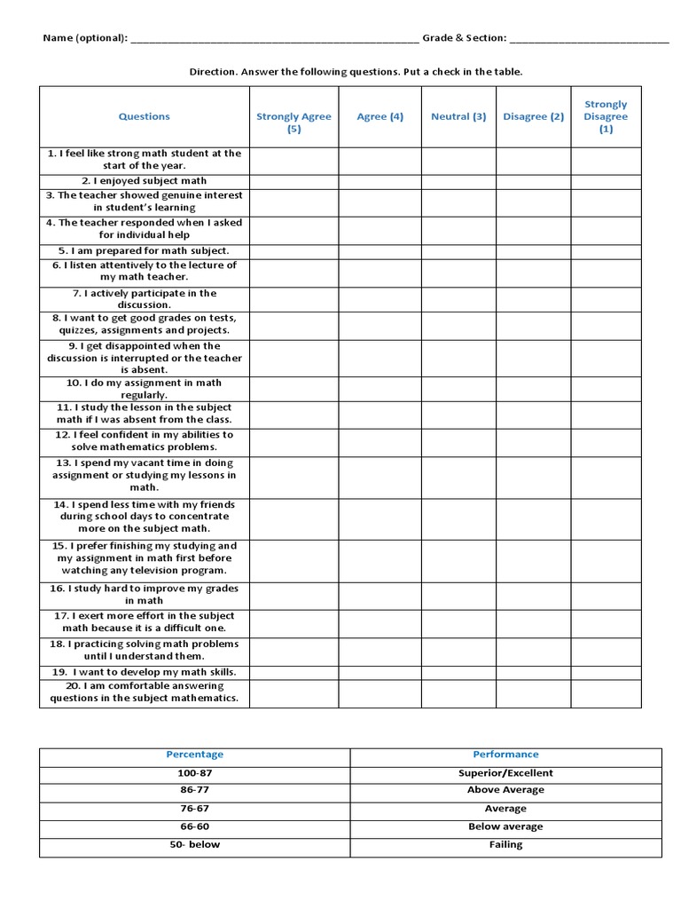 Math Student Self-Assessment Survey | PDF | Teachers | Teaching Mathematics