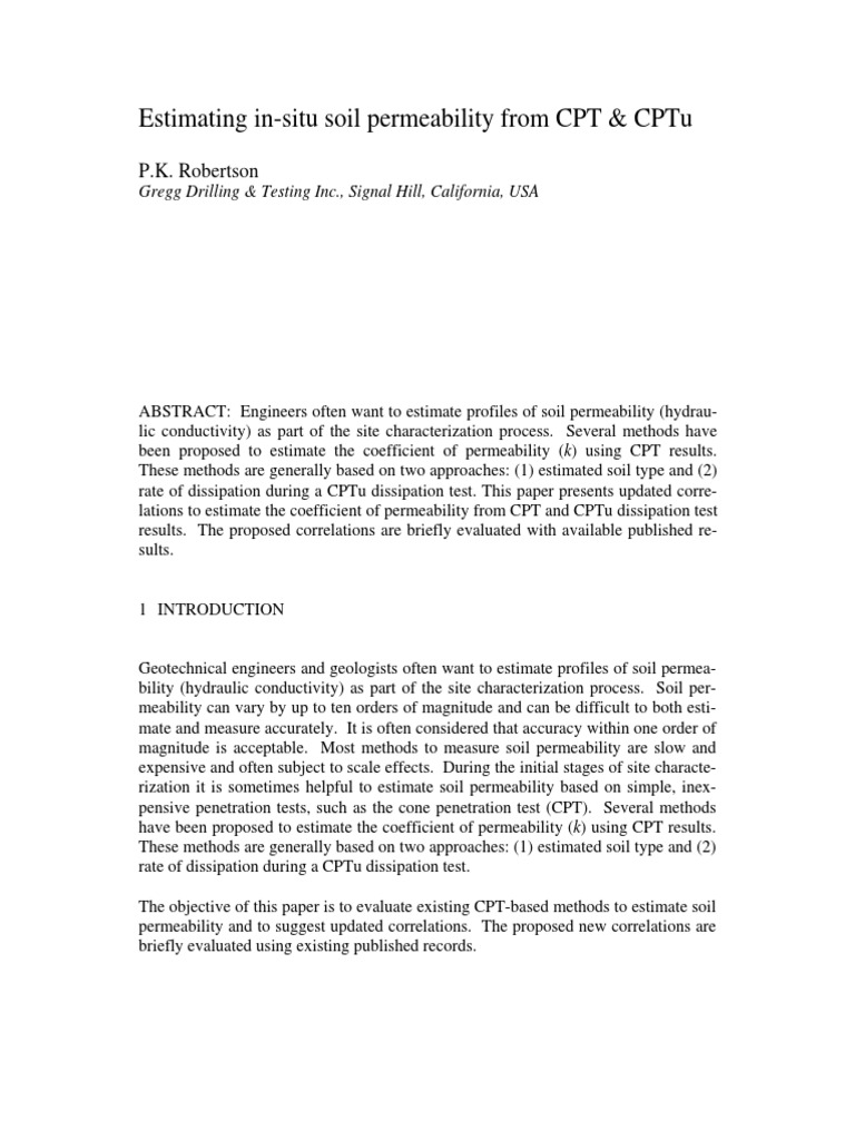 Estimating Soil Permeability from CPT and CPTu Tests: Updated ...