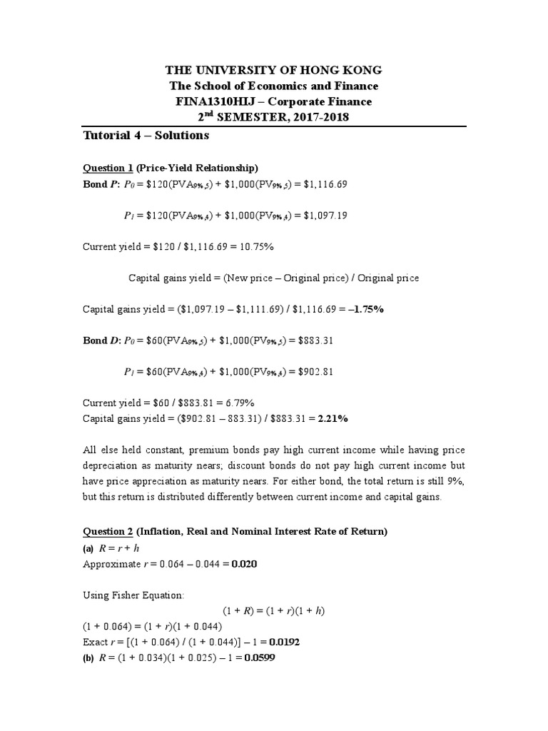 Tutorial 4 Solutions | PDF | Bonds (Finance) | Yield (Finance)
