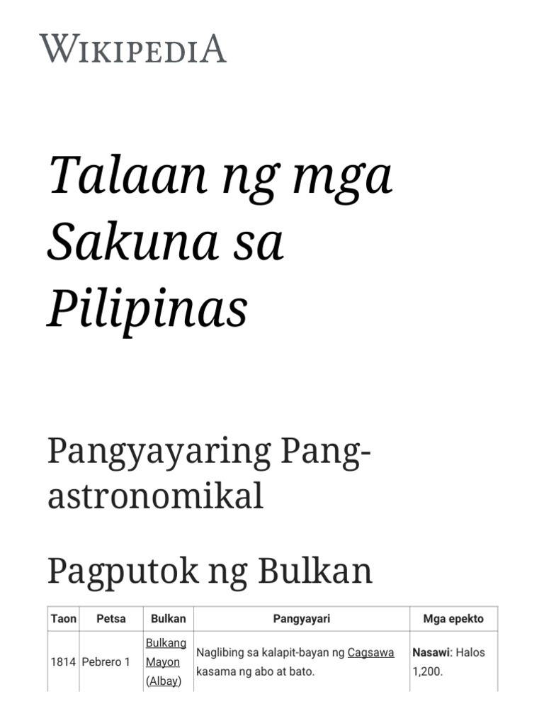 Talaan NG Mga Sakuna Sa Pilipinas - Wikipedia, Ang Malayang Ensiklopedya | PDF
