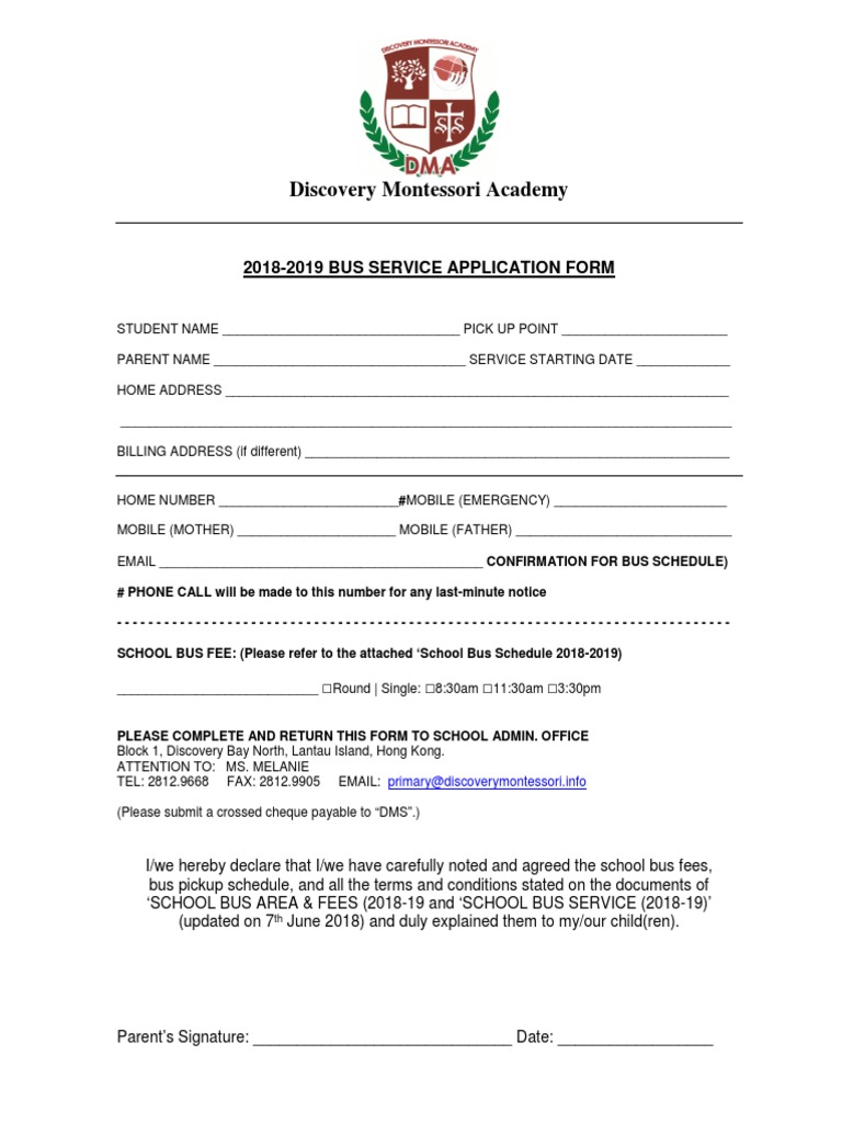 Montessori Bus Service Form 2018-19 | PDF | Career & Growth | Business