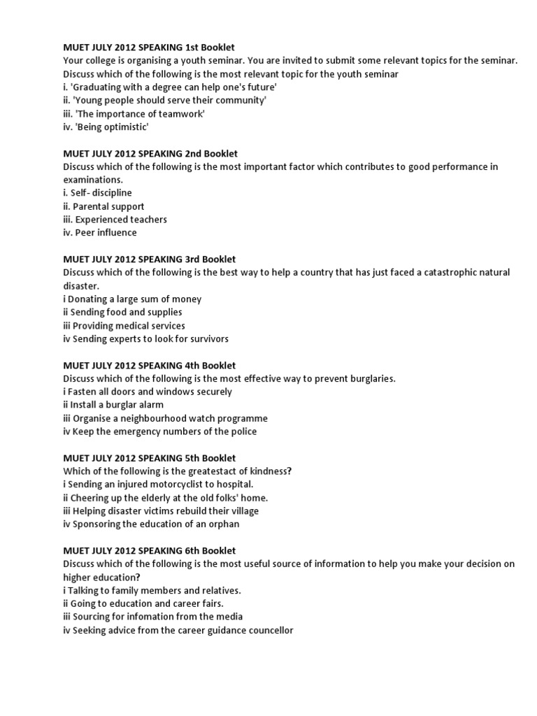 MUET JULY 2012 SPEAKING TOPICS & DISCUSSIONS | PDF | Adolescence
