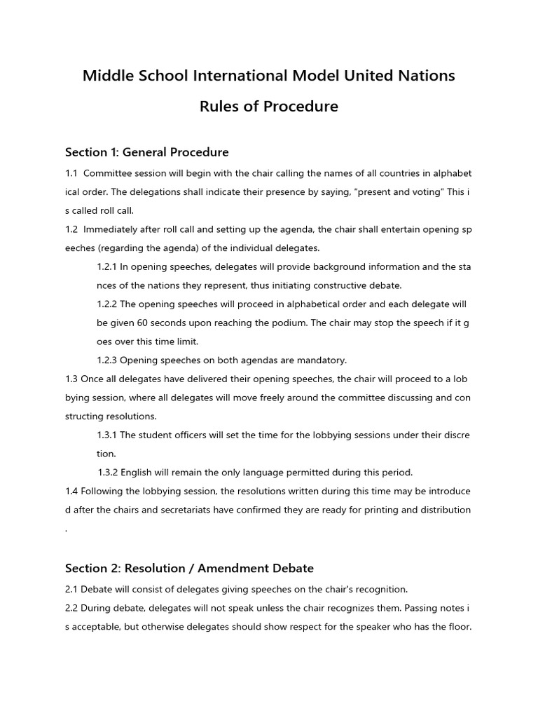 Middle School International Model United Nations Rules of Procedure ...