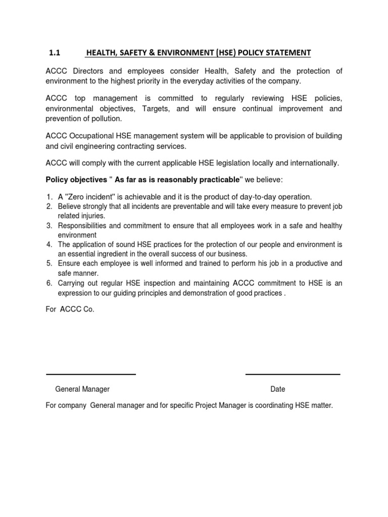 HSE Policy Statement for Construction | PDF | Business | Technology ...
