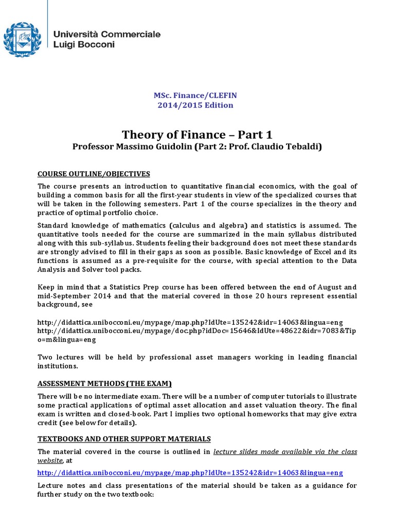 Theory of Finance - Part 1: Professor Massimo Guidolin (Part 2: Prof. Claudio Tebaldi) | PDF ...