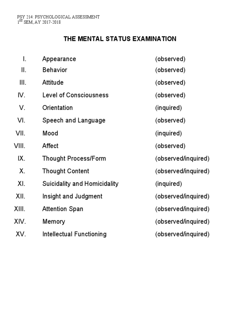 Mental Status Exam | PDF | Nervous System | Neuropsychological Assessment