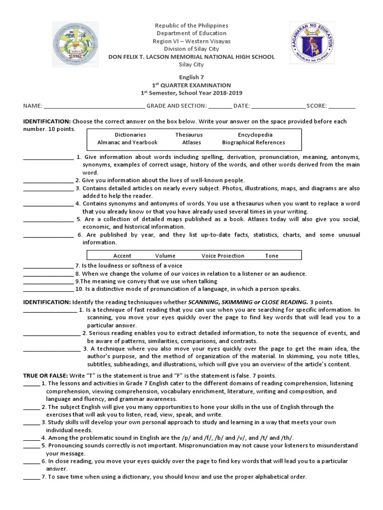English 1st Quarter Exam | PDF | Reading Comprehension | Reading (Process)