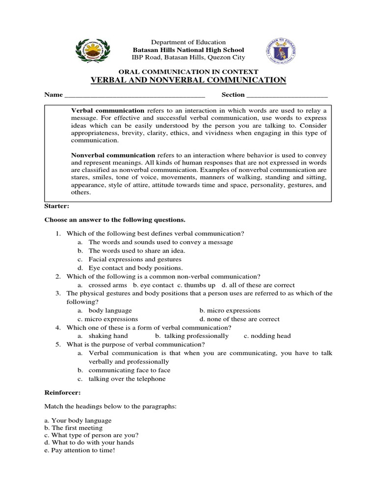 Verbal Nonverbal Worksheets | PDF | Nonverbal Communication | Body Language