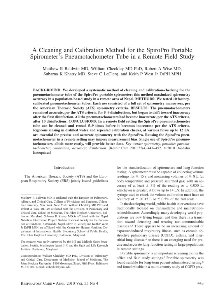 A Cleaning and Calibration Method For The Spiropro Portable Spirometer ...