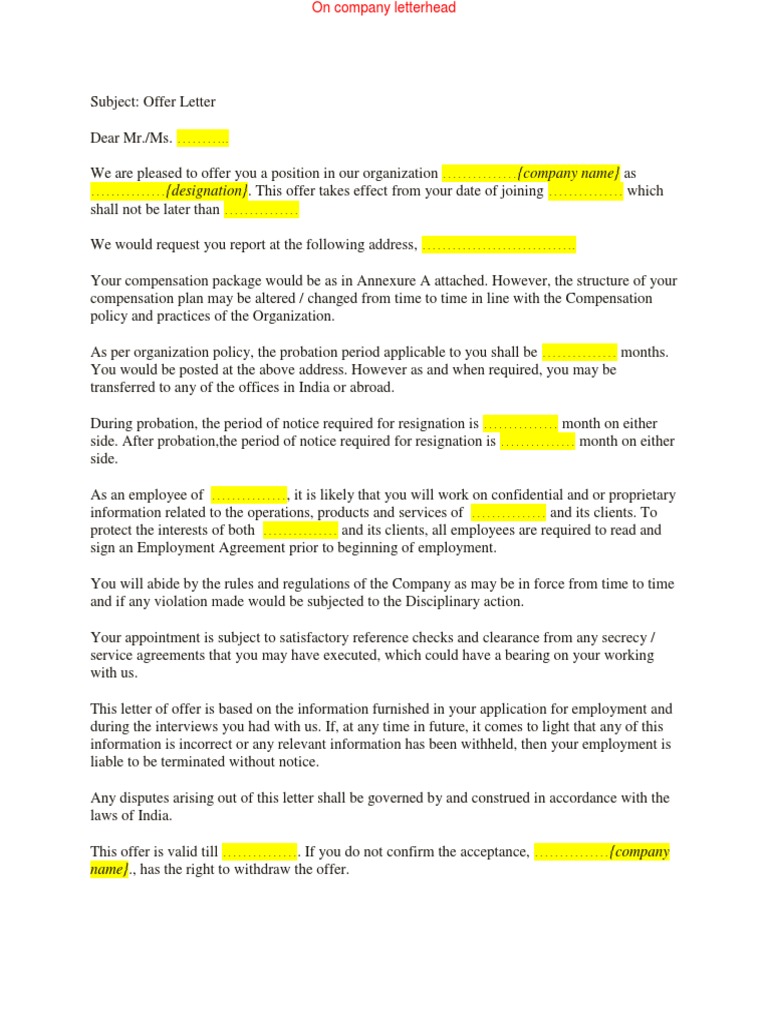 Employee Offer Letter - Template | PDF | Employment | Government