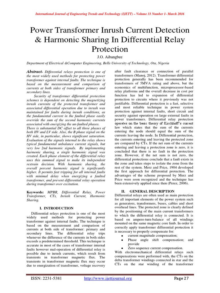 Power Transformer Inrush Current Detection & Harmonic Sharing in ...