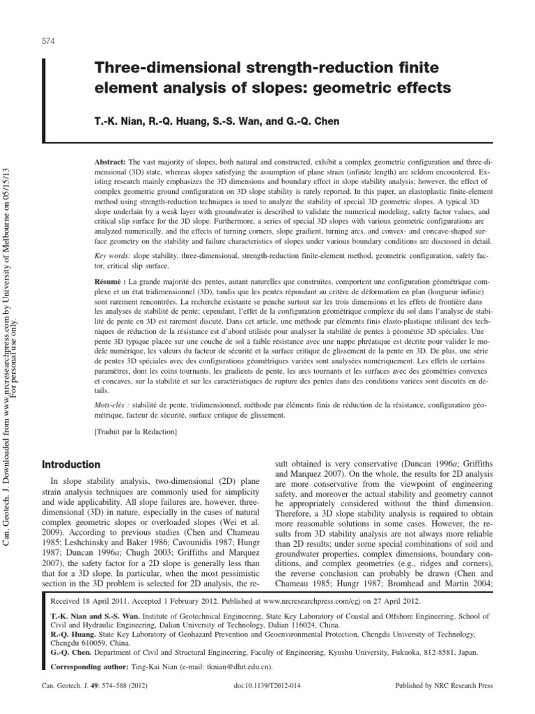 Three-Dimensional Strength-Reduction Finite Element Analysis of Slopes: Geometric Effects | PDF ...