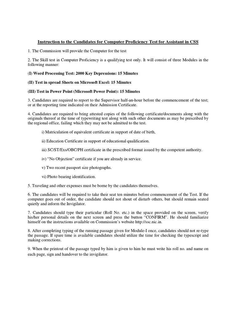 Instructions for the Computer Proficiency Test for Assistant Candidates ...