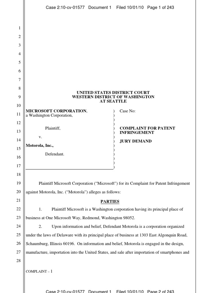 Micrsoft Motorola Patent Suit | PDF | Patent Infringement | Reexamination