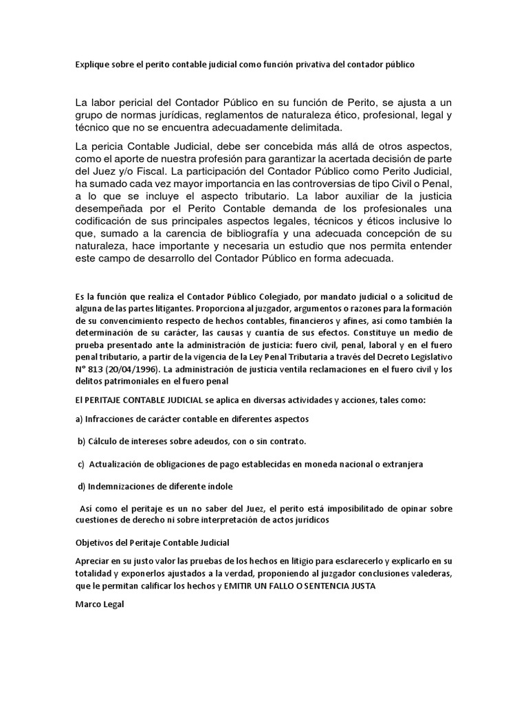 Explique Sobre El Perito Contable Judicial Como Función Privativa Del