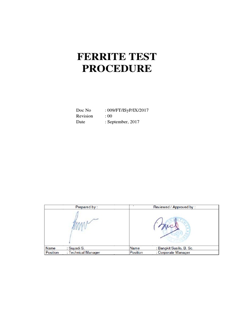 Ferrite Testing Procedure Overview | PDF | Technology & Engineering