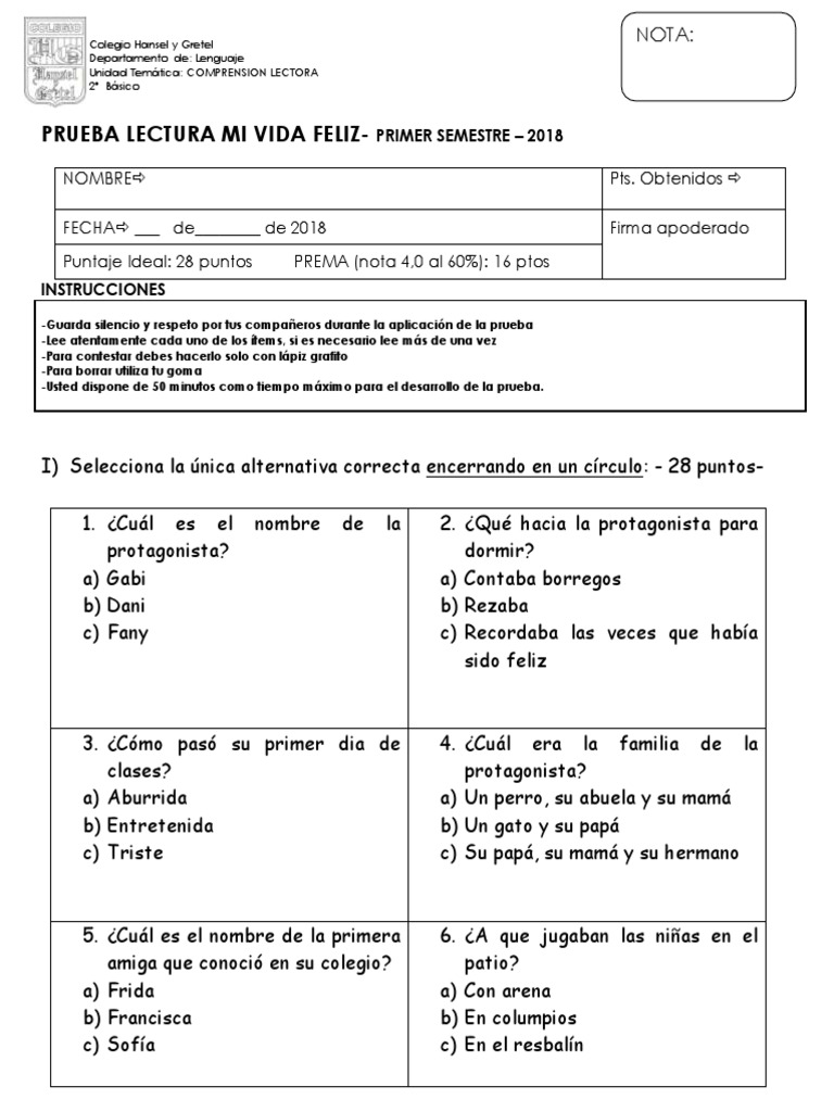 Prueba Lectura Mi Vida Feliz | PDF | Ocio