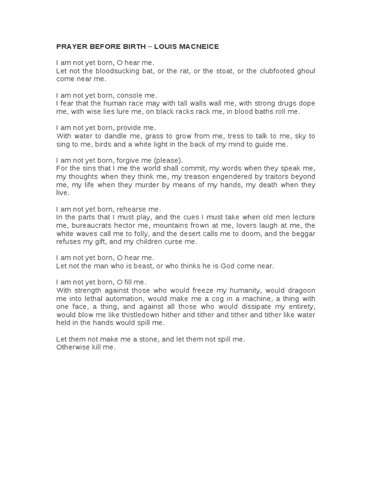 Prayer Before Birth - Louis Macneice | PDF