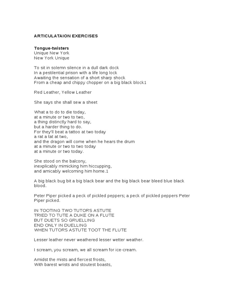 Articulation Exercises and Tongue Twisters | PDF | Language Arts ...