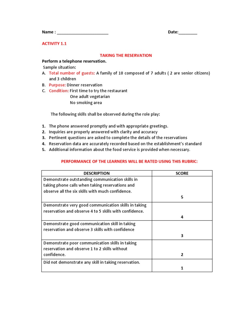 Food and Beverages Activity Sheet | PDF | Waiting Staff | Tableware