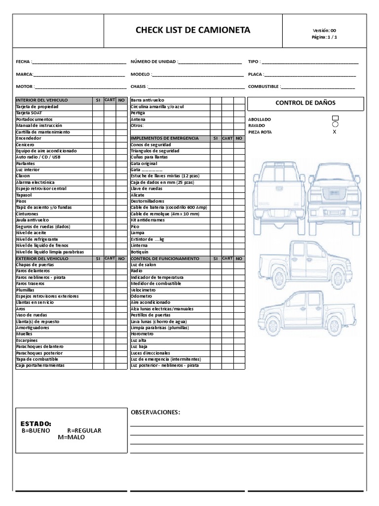 Check List Camioneta | Transporte privado | Coche