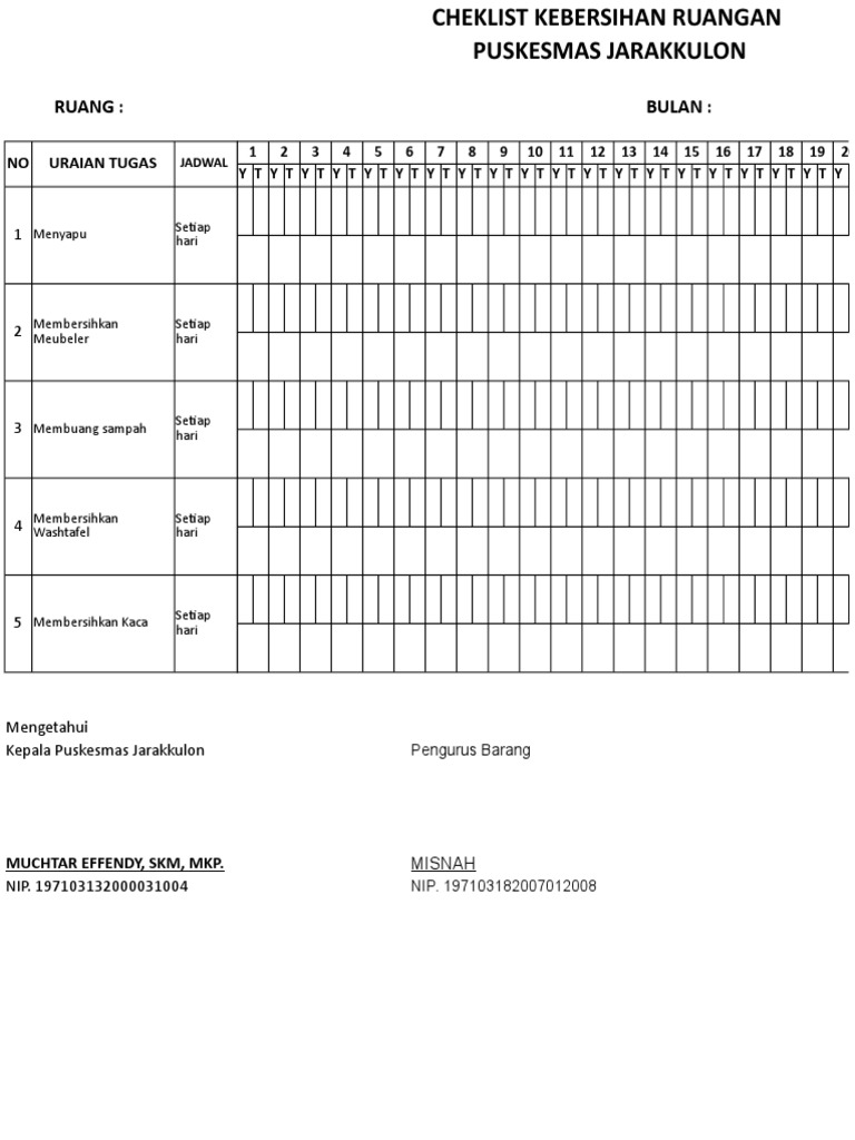Cheklist Kebersihan Ruangan | PDF