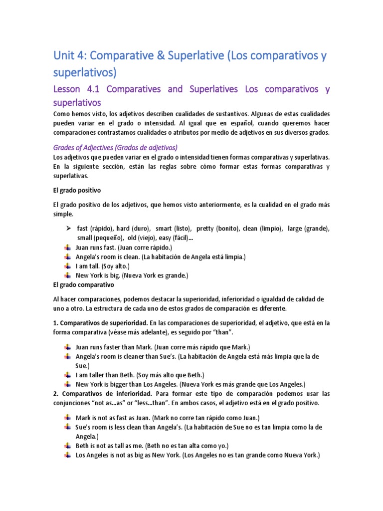 Unit 4 Comparative & Superlative (Los Comparativos y Superlativos ...
