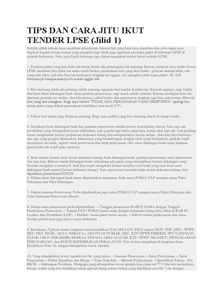 TIPS DAN CARA JITU IKUT TENDER LPSE (Jilid 1) | PDF