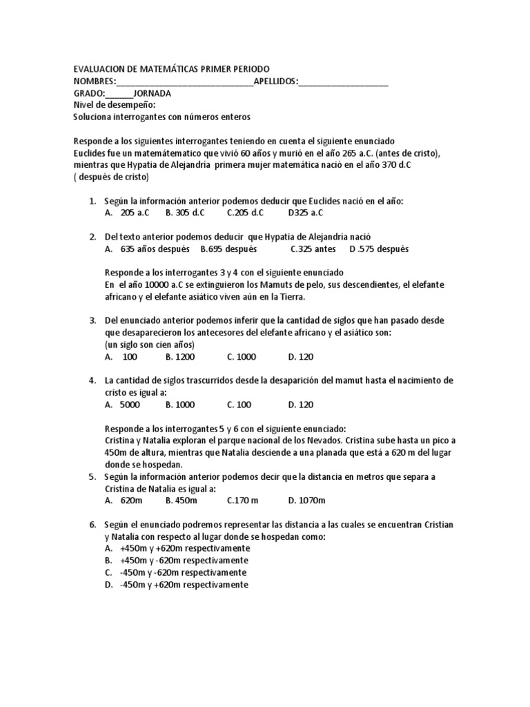Evaluacion Matematicas Septimo | PDF