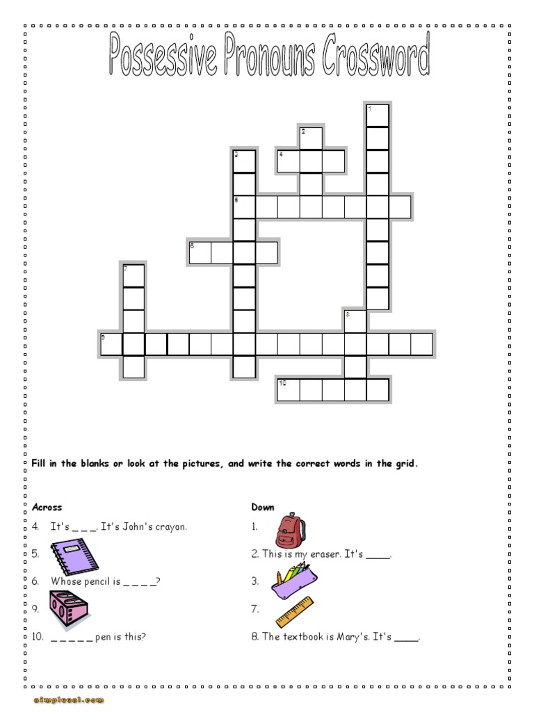 Possessive Pronouns Crossword | PDF | Language Arts & Discipline | Self ...