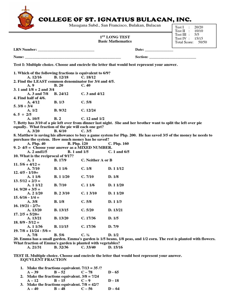 Math Test for High School Students | PDF | Fraction (Mathematics ...