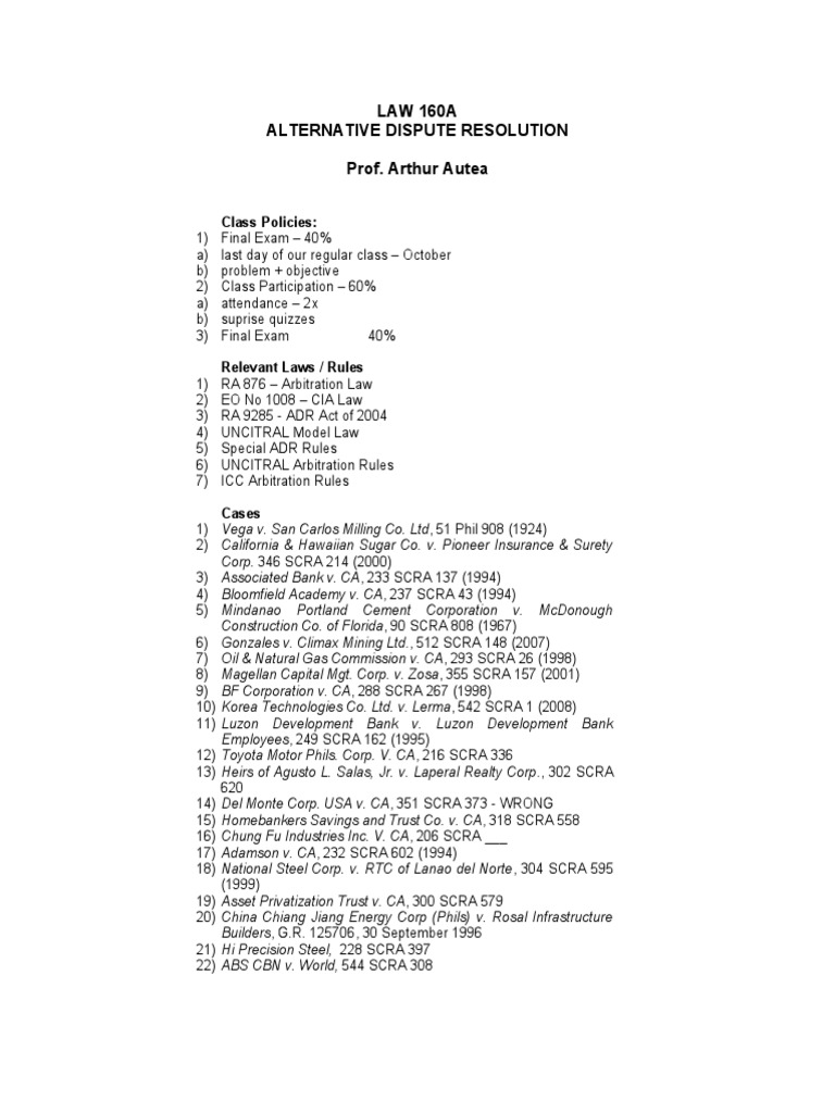 ADR Class Guide for Law Students | PDF | Arbitral Tribunal | Arbitration