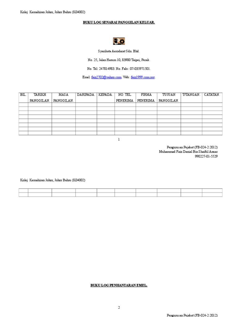 Buku Log Senarai Panggilan Keluar | PDF