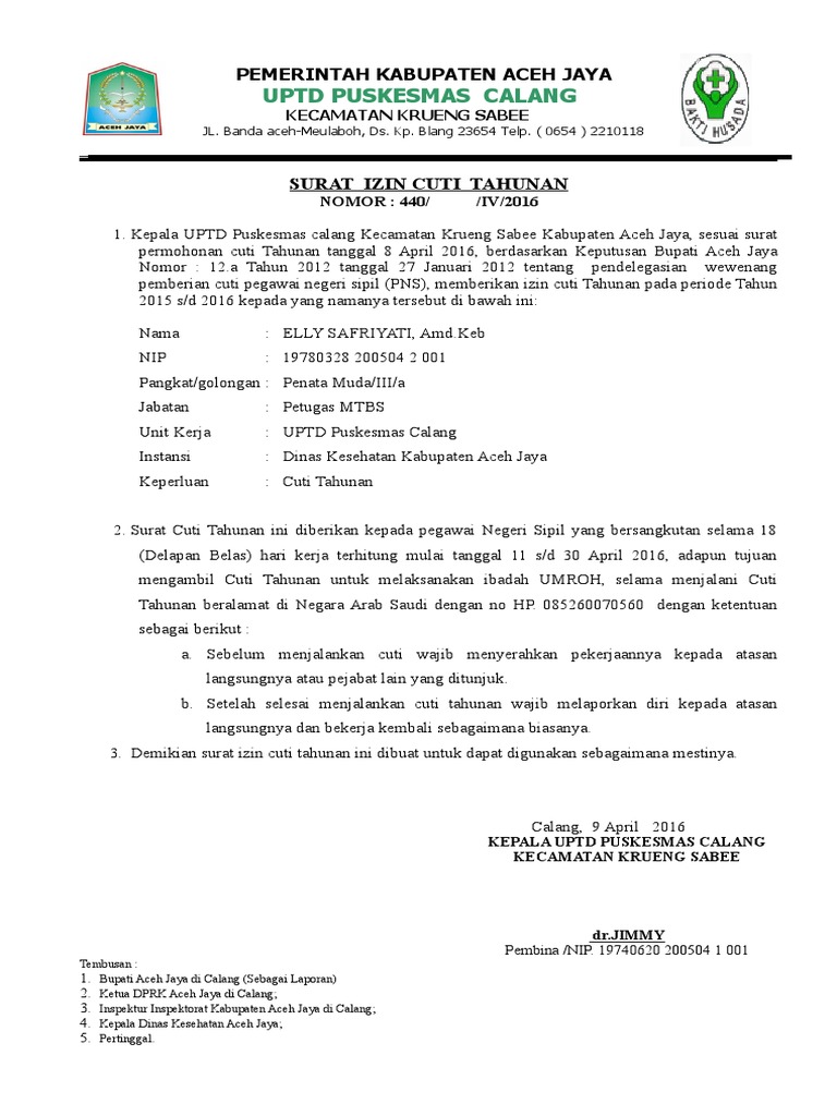 Surat Izin Cuti Tahunan PNS Aceh Jaya | PDF