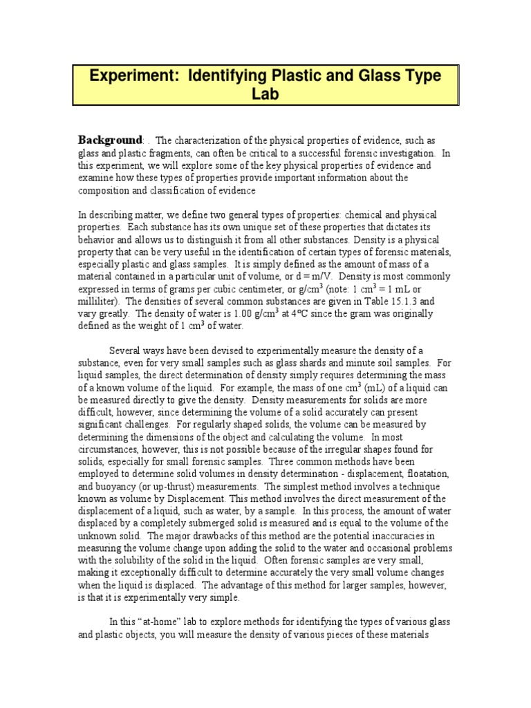 ID Plastics and Glass Lab | PDF | Density | Volume