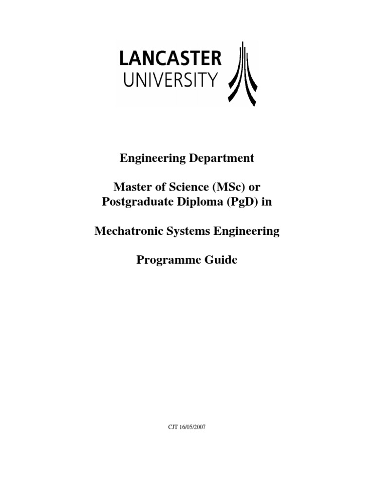 Engineering Department Master Of Science Msc Or Postgraduate Diploma Pgd In Mechatronic 