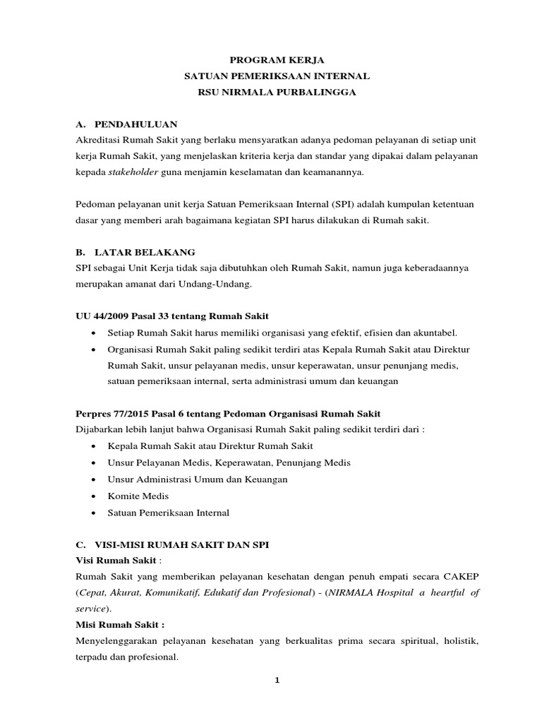 Program Kerja SPI RSU Nirmala | PDF | Pengelolaan Keuangan & Uang