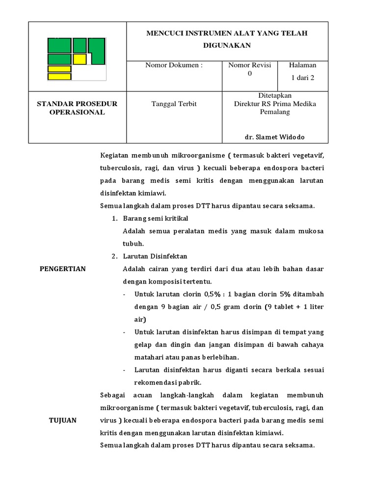 SOP Disinfeksi Tingkat Tinggi (DTT) | PDF
