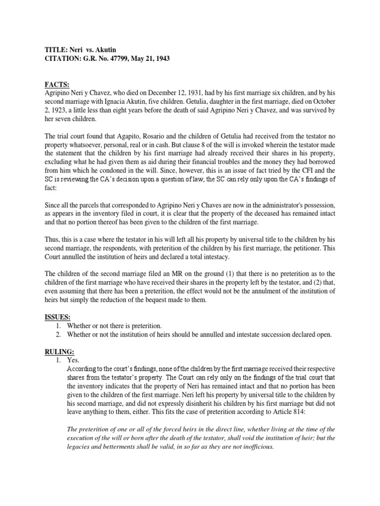 Inheritance Rights in Cases of Preterition: Neri vs. Akutin Establishes ...