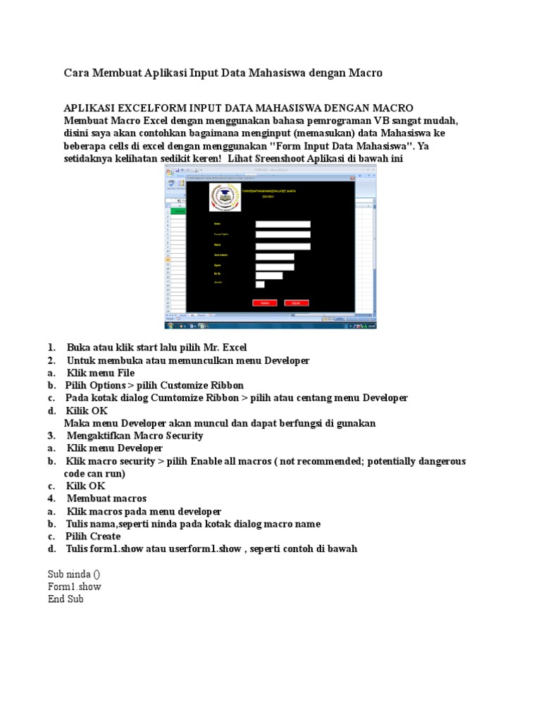 Aplikasi Input Data Mahasiswa di Excel | PDF
