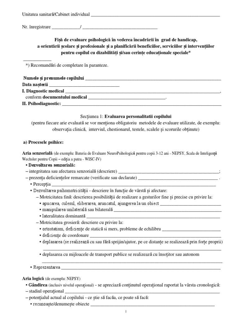 Fisa Evaluare Psihologica - Psiholog Clinician