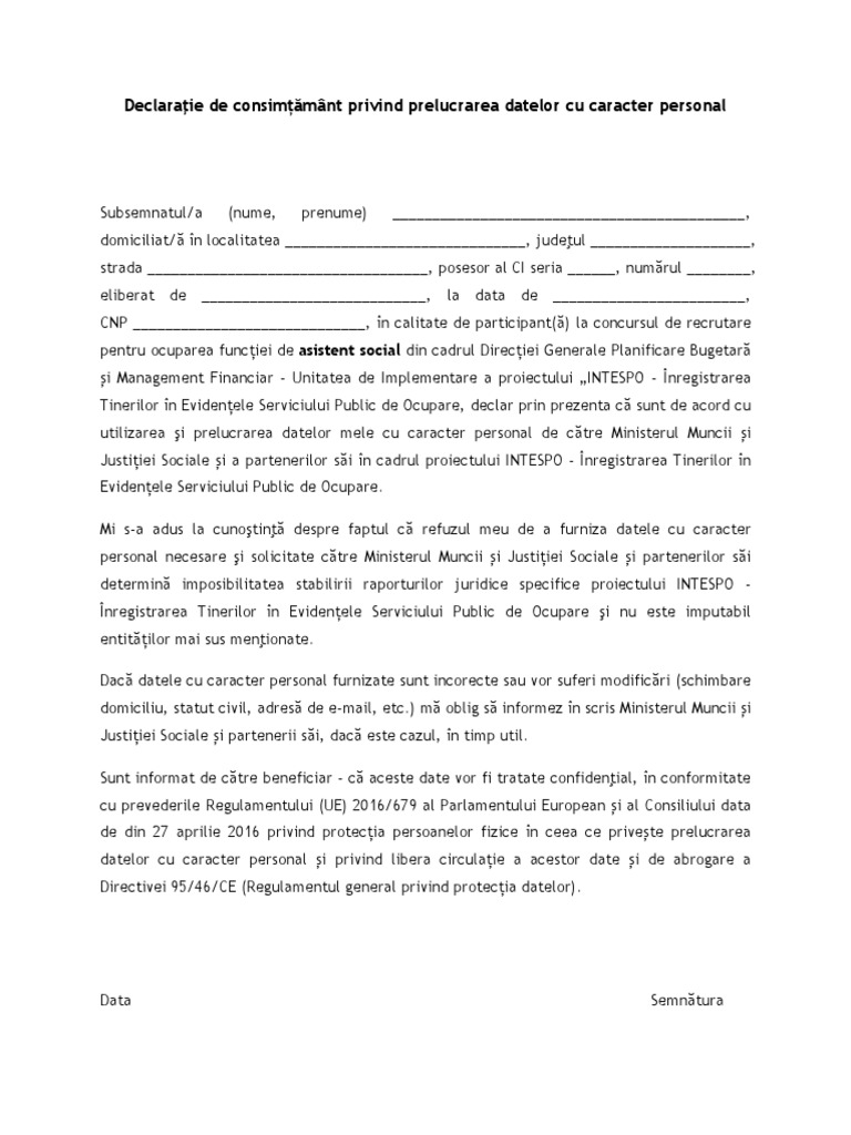 Declaratie Prelucrarea Datelor Cu Caracter Personal- ProiectINTESPO
